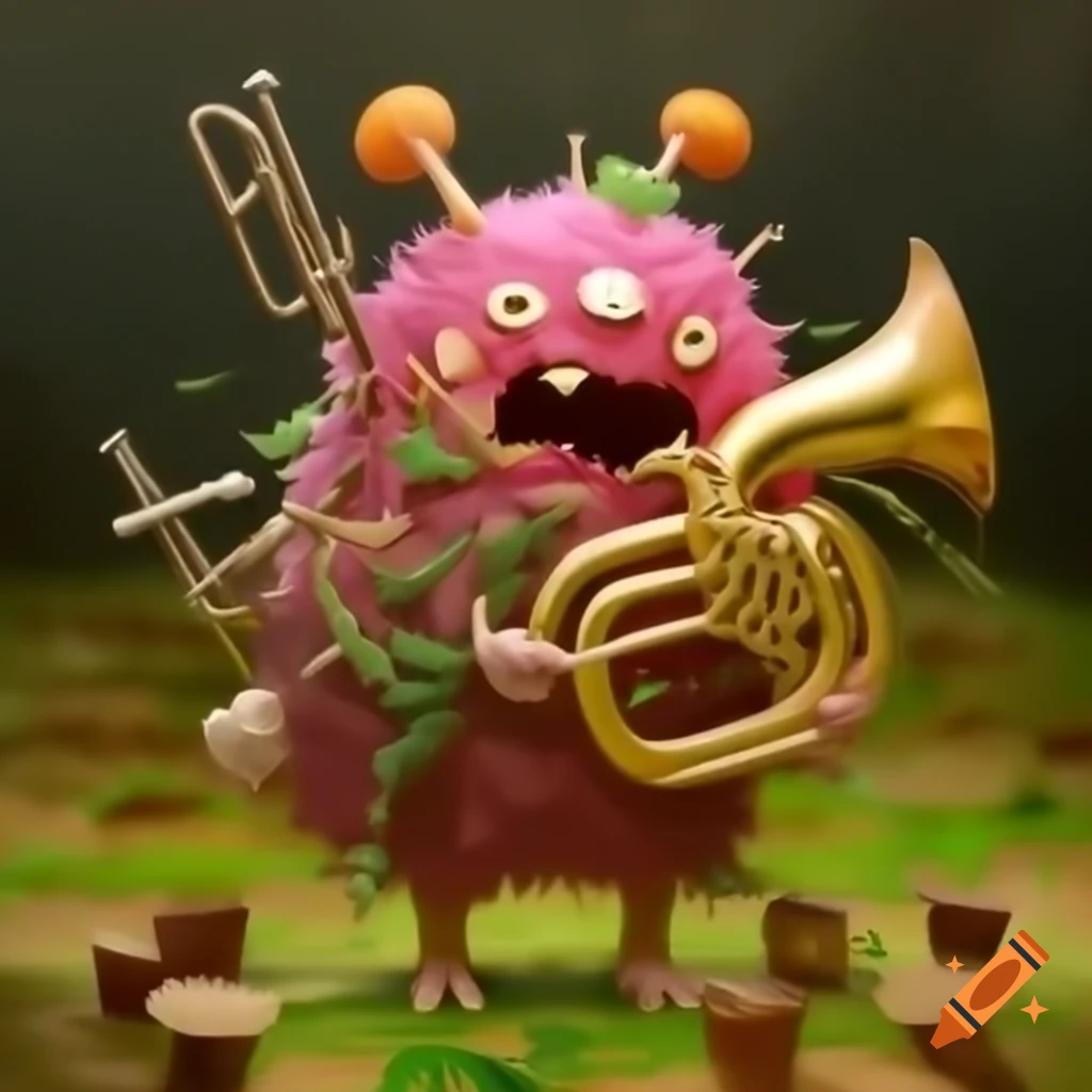 Whimsical creature playing tuba-like instrument in a field on Craiyon