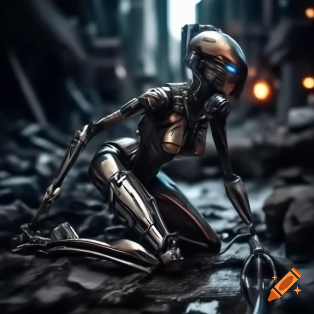 Cyborg insect woman statue in apocalyptic biomechanical city landscape ...