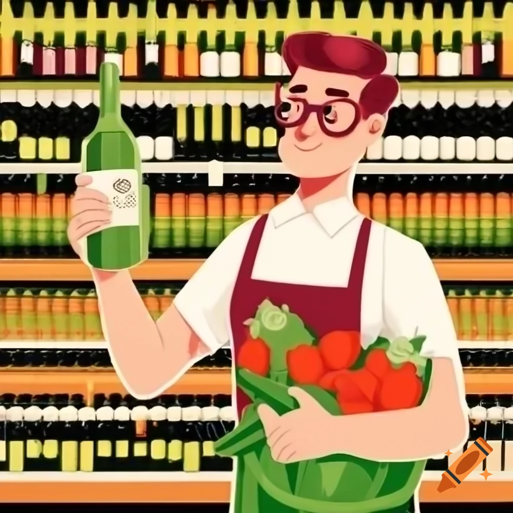 Comic style image of supermarket employee presenting German wine among ...