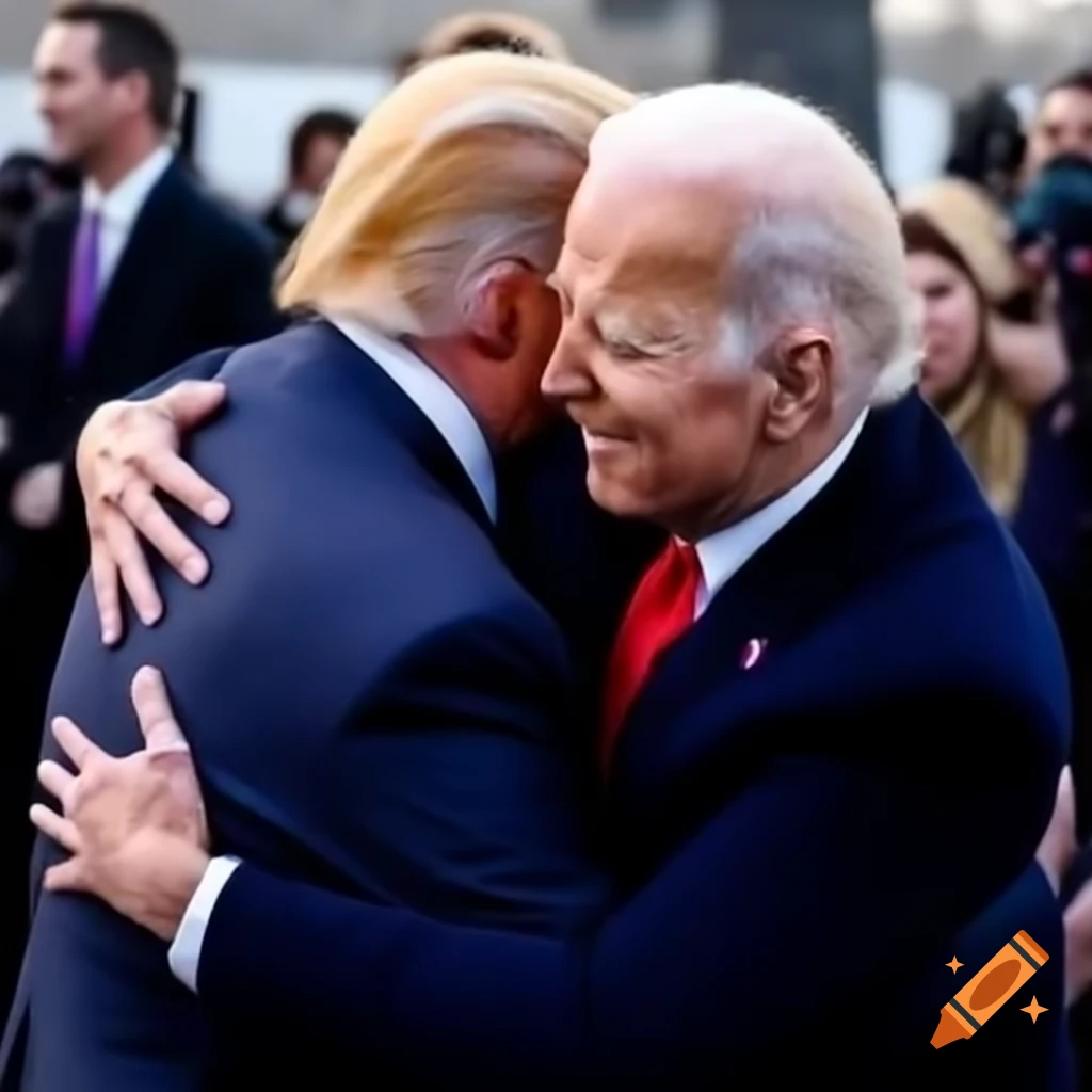 Donald Trump running to hug Joe Biden in a light-hearted scene on Craiyon
