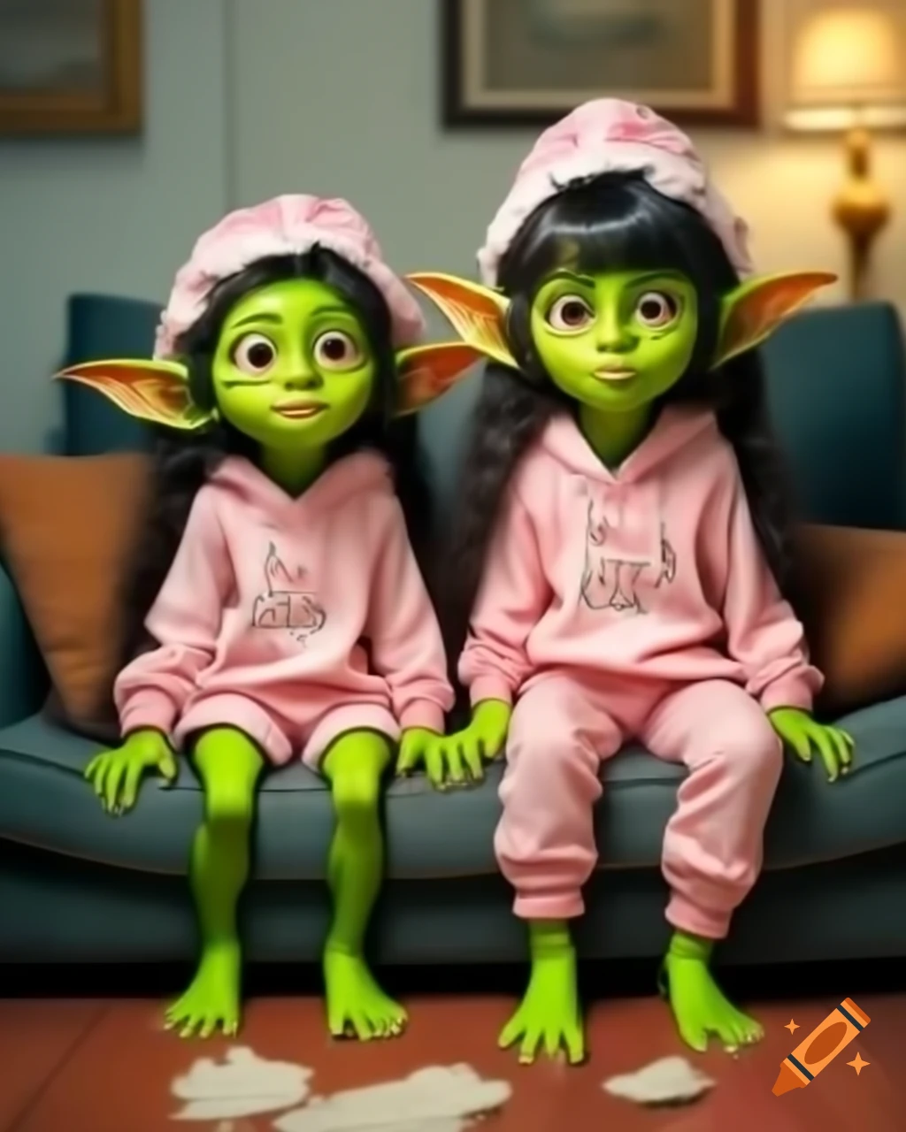 Two green-skinned goblin girls in pink pajamas on cozy sofa on Craiyon