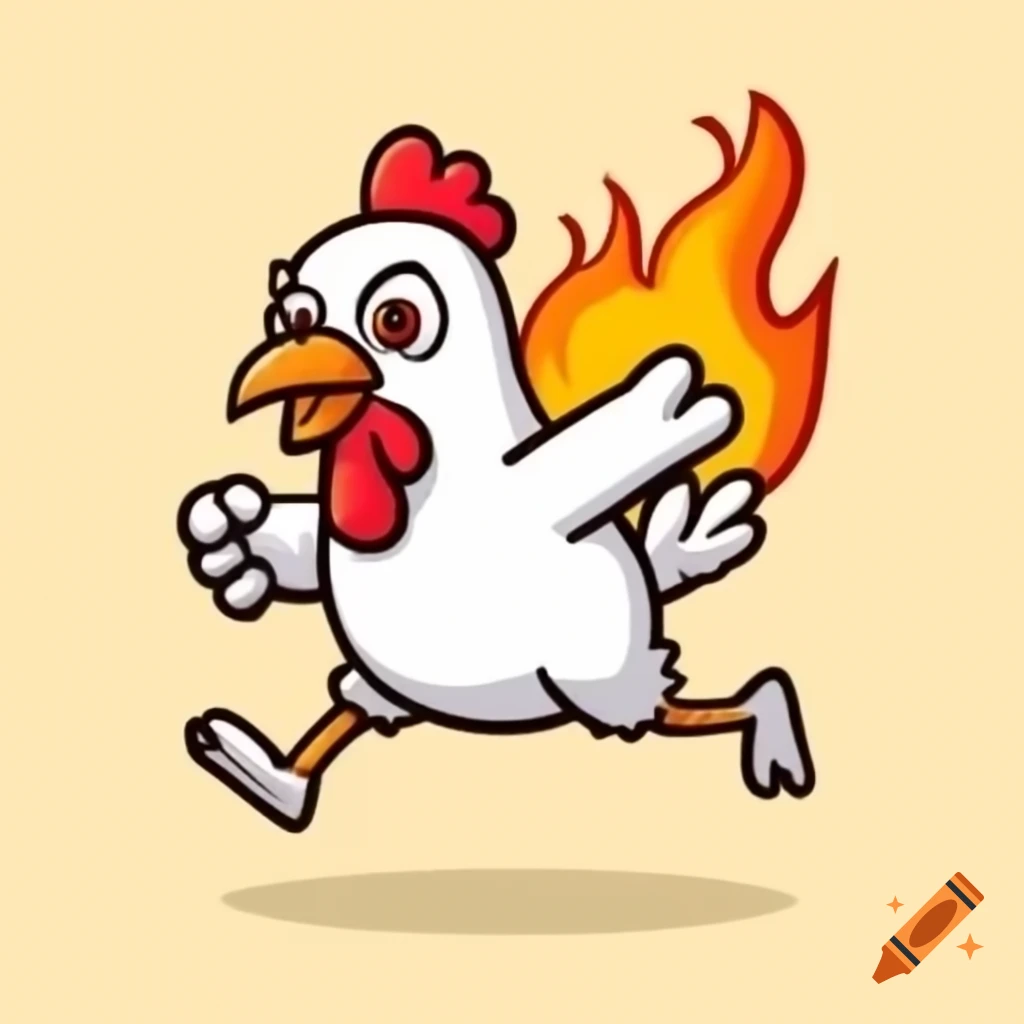 Cartoon chicken running with flames and fire from its mouth on Craiyon