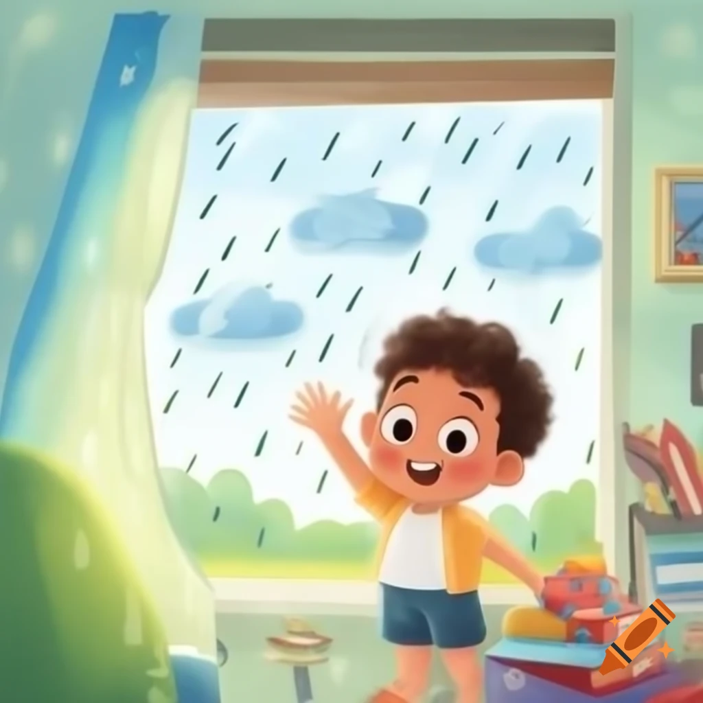 Child waving goodbye with rain outside window in a bright room filled ...