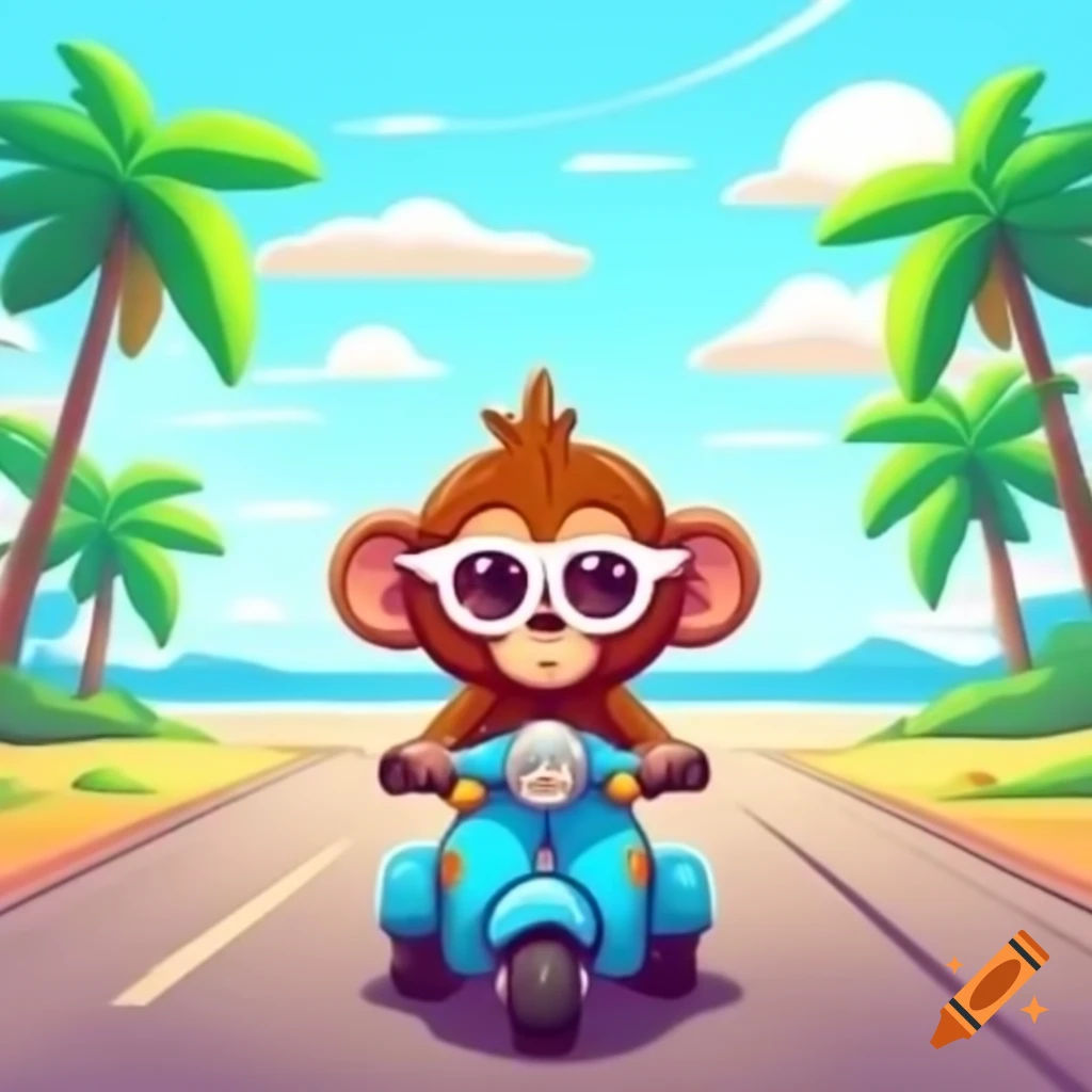 Cartoon monkey in sunglasses riding scooter on Goa beach road with palm ...