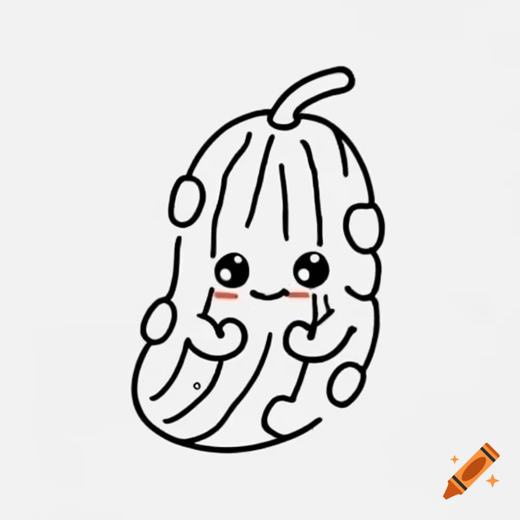 Black and white line drawing of a tiny baby gherkin pickle character ...