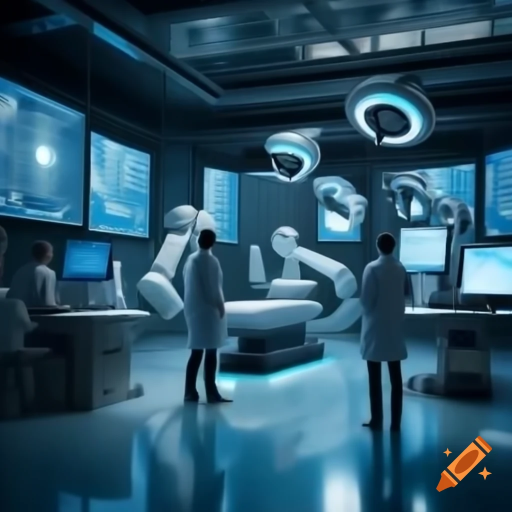 High-tech medical center with AI robots and digital health data on Craiyon