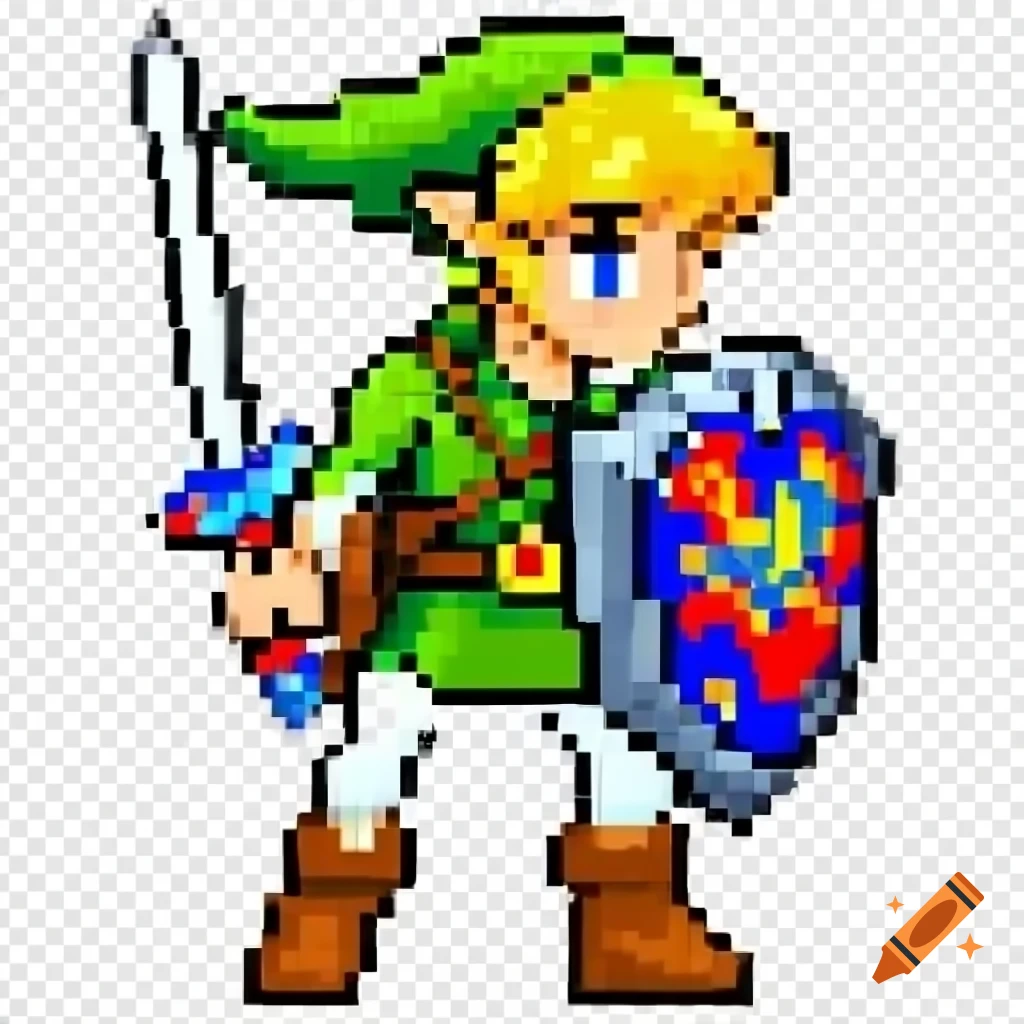 Full-body pixel art of Link from The Legend of Zelda in heroic pose on ...