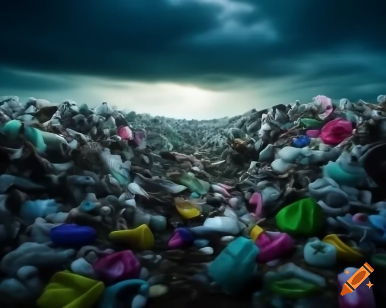 Wide-angle view of colorful garbage dump under dramatic sky on Craiyon