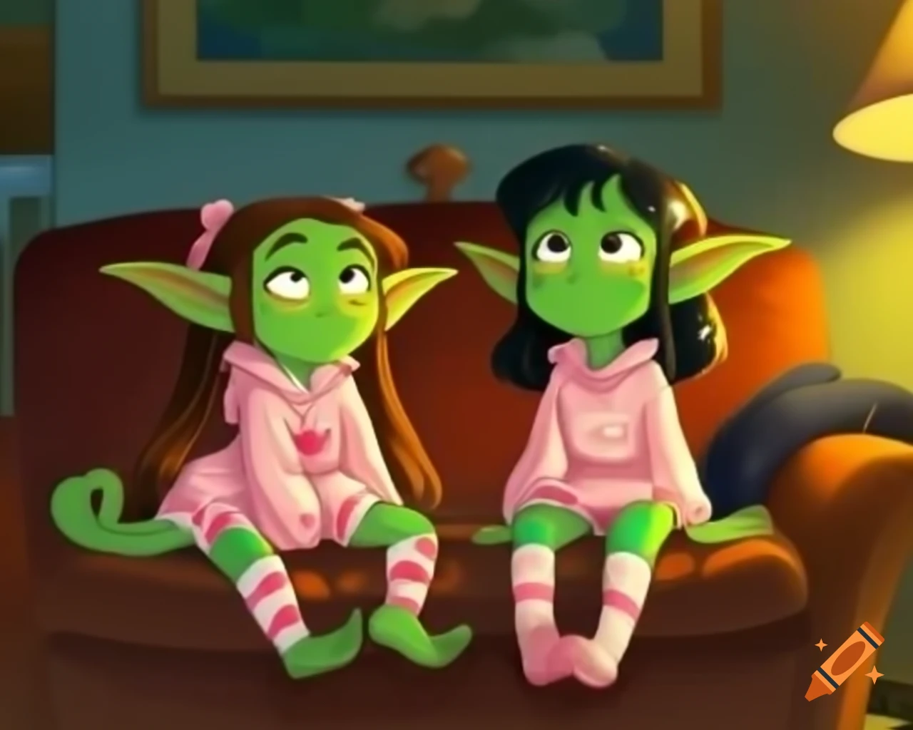 Two green-skinned goblin girls in pink pajamas playfully sitting on a ...