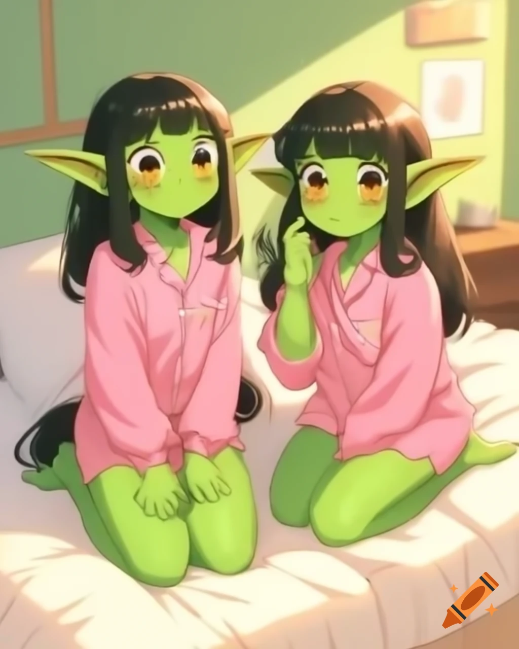 Two green-skinned goblin girls in pink pajamas playfully sitting on a ...