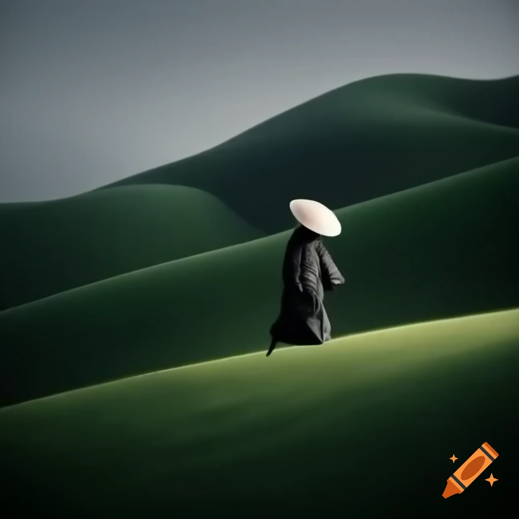 Mysterious man in hat walking down hills in dark mood on Craiyon