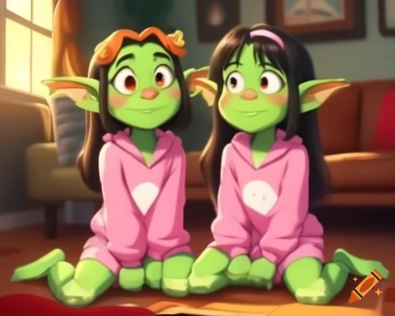 Two green-skinned goblin girls in pink pajamas playfully sitting on ...