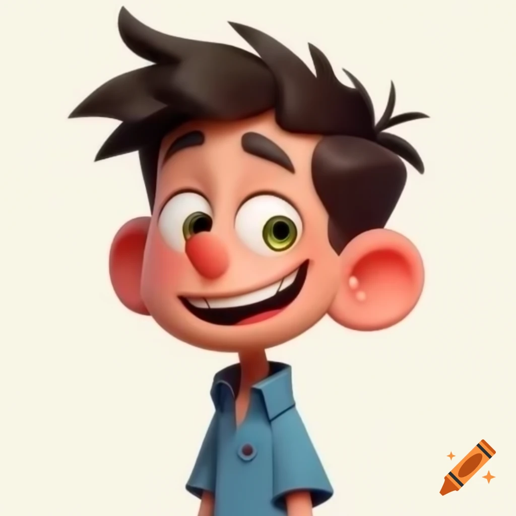 Cheerful 2D cartoon male character with messy hair in playful pose on ...