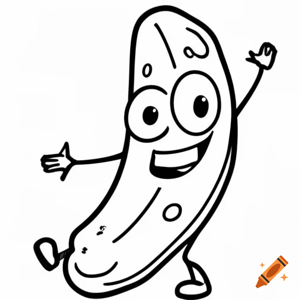 Smiling pickle character waving hello in black and white line drawing ...