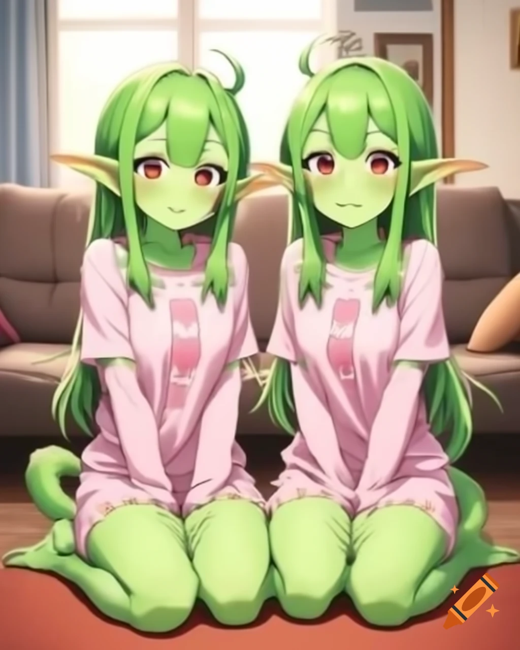 Two green-skinned goblin girls in pink pajamas sitting on cozy sofa on ...