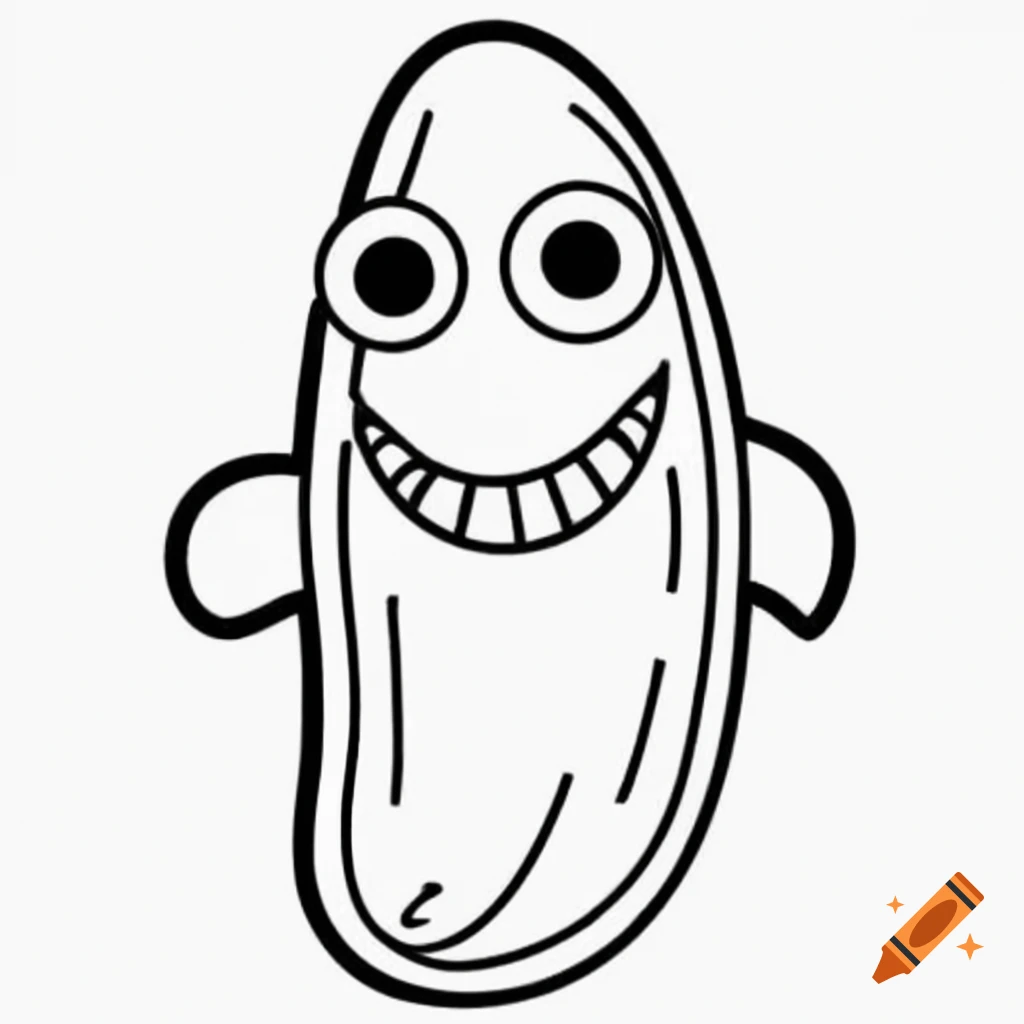 Fish-shaped pickle character in black and white line drawing for ...