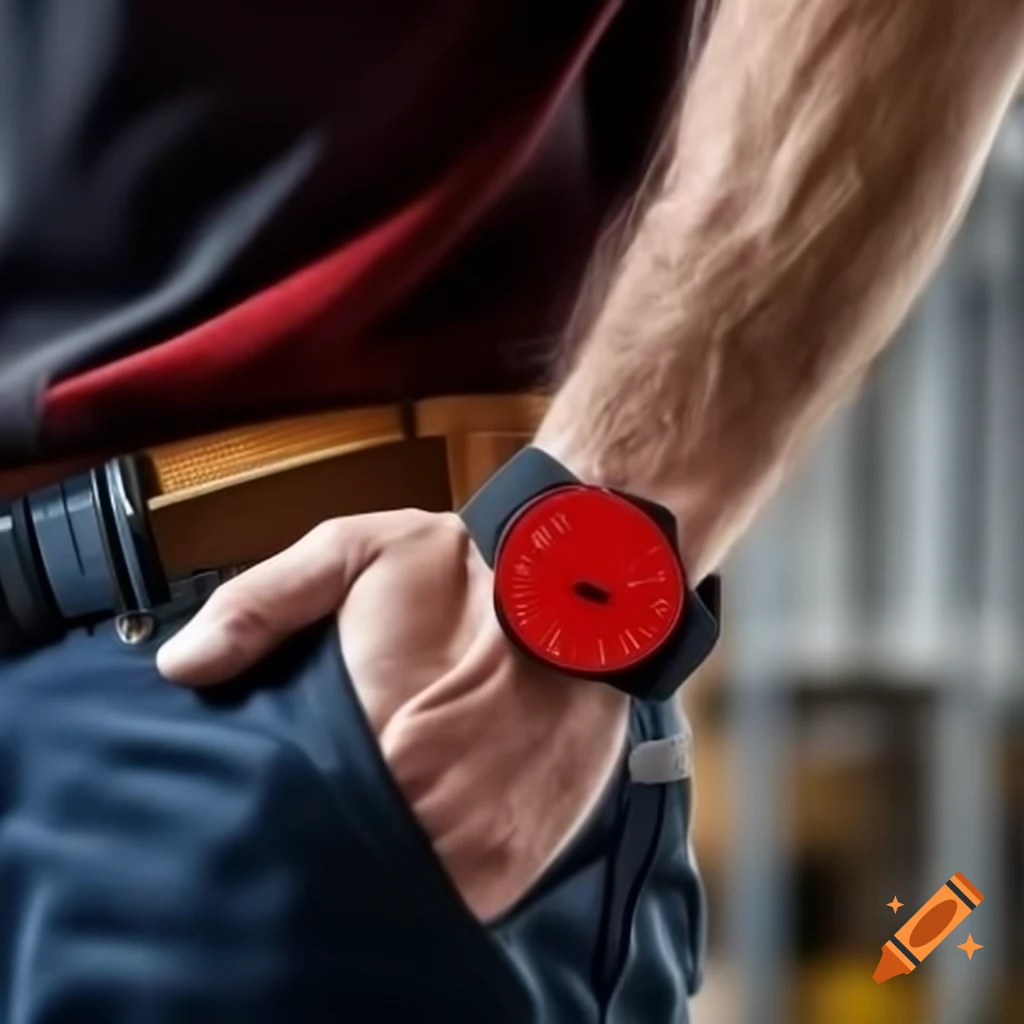 Construction worker wearing red utility wrist RFID band on the job on Craiyon