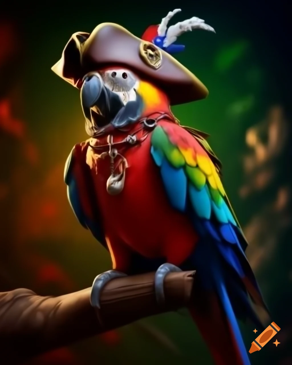 Pirate parrot in vibrant colors wearing a hat, perched on branch in ...