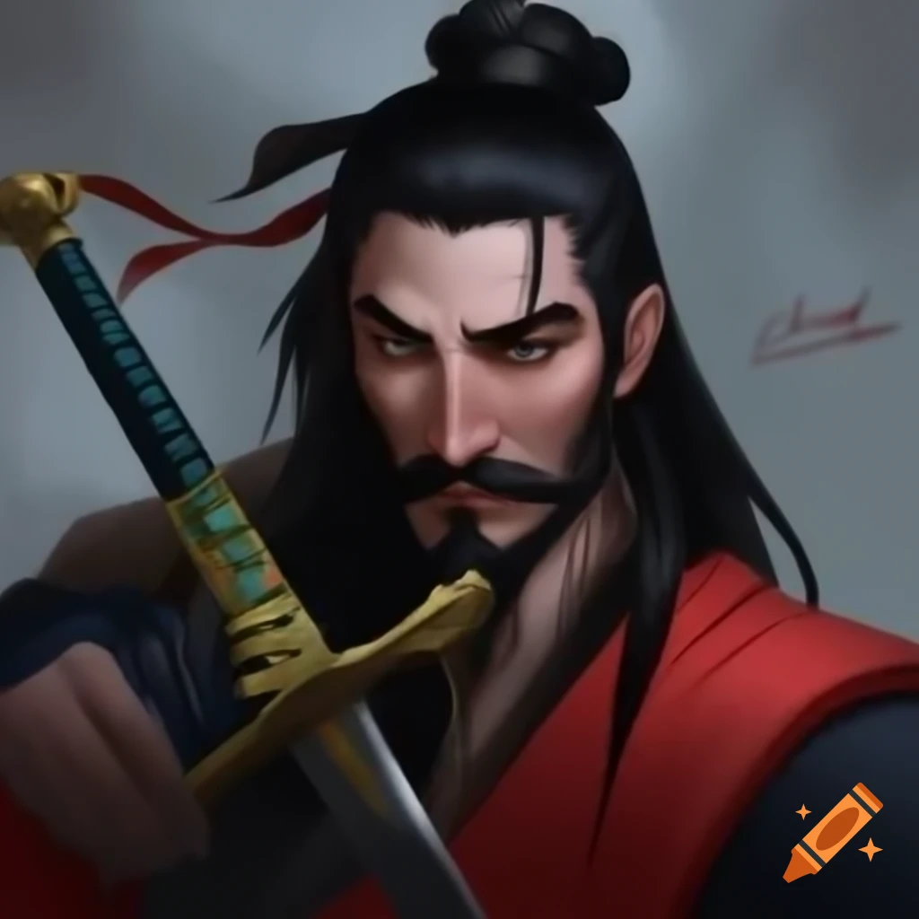 Swordsman named Kenji with dark hair and red clothes, sword tipped with ...