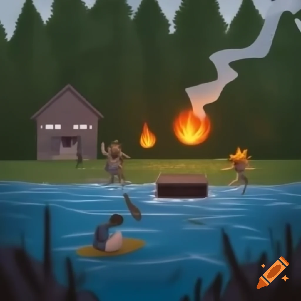Cartoon scene of programmers by a river with chaotic activities around ...