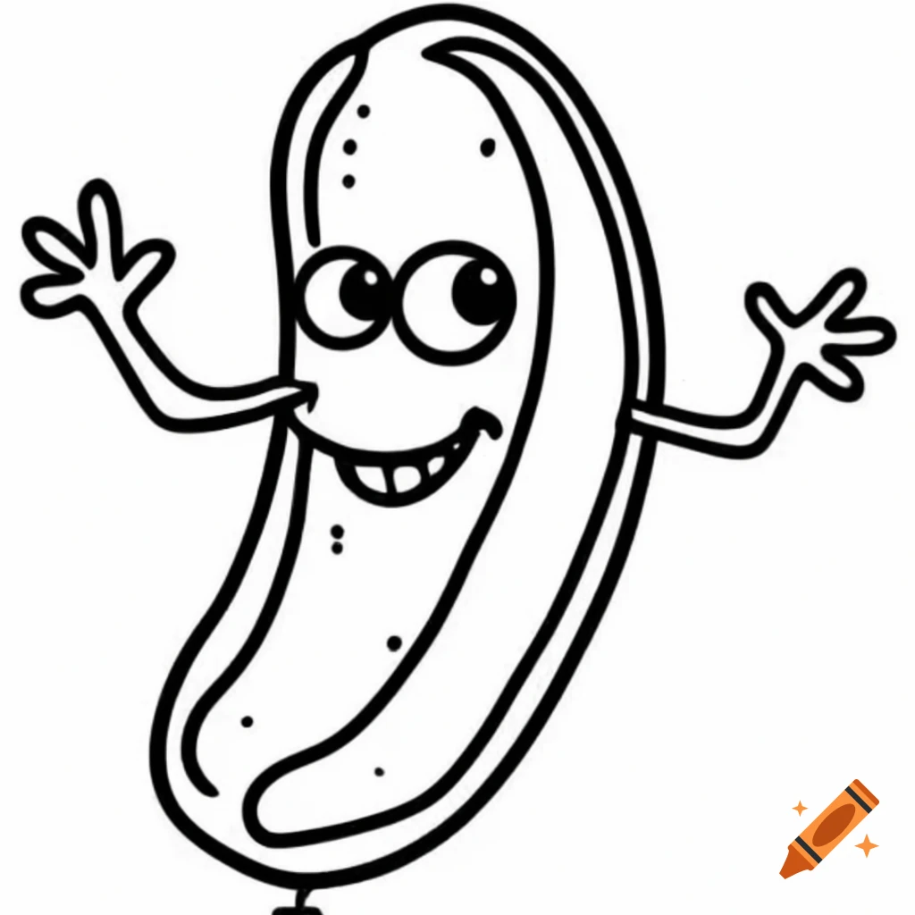 Fish-shaped pickle character in black and white line drawing for ...