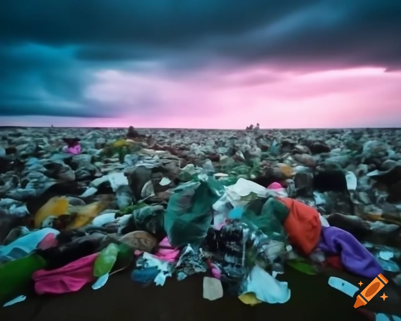 Wide-angle view of colorful garbage dump under dramatic sky on Craiyon