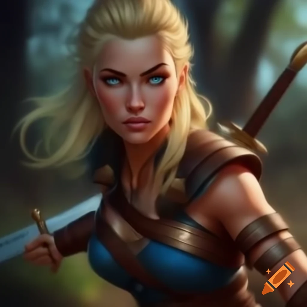 Beautiful warrior woman with blond hair and sword on Craiyon