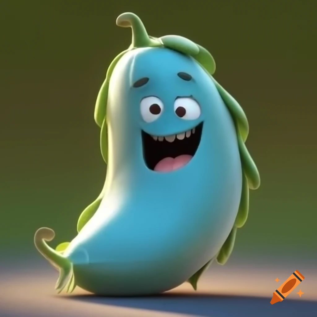 Whimsical blue baked bean with wide grin and playful expression on Craiyon