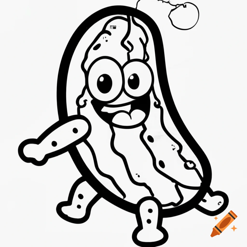 Black and white line drawing of a tiny baby gherkin pickle character ...
