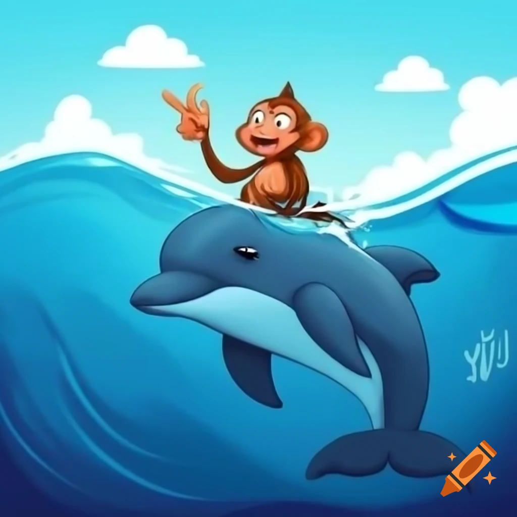 Monkey riding dolphin in waves, humorous scene on Craiyon
