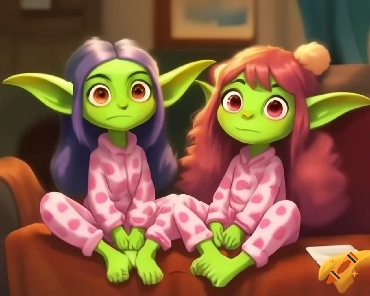 Two green-skinned goblin girls in pink pajamas playfully sitting on a ...