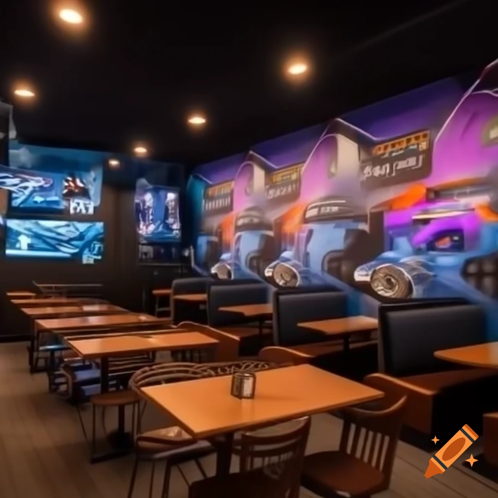 Café interior with tables and chairs, themed for gaming ambiance on Craiyon