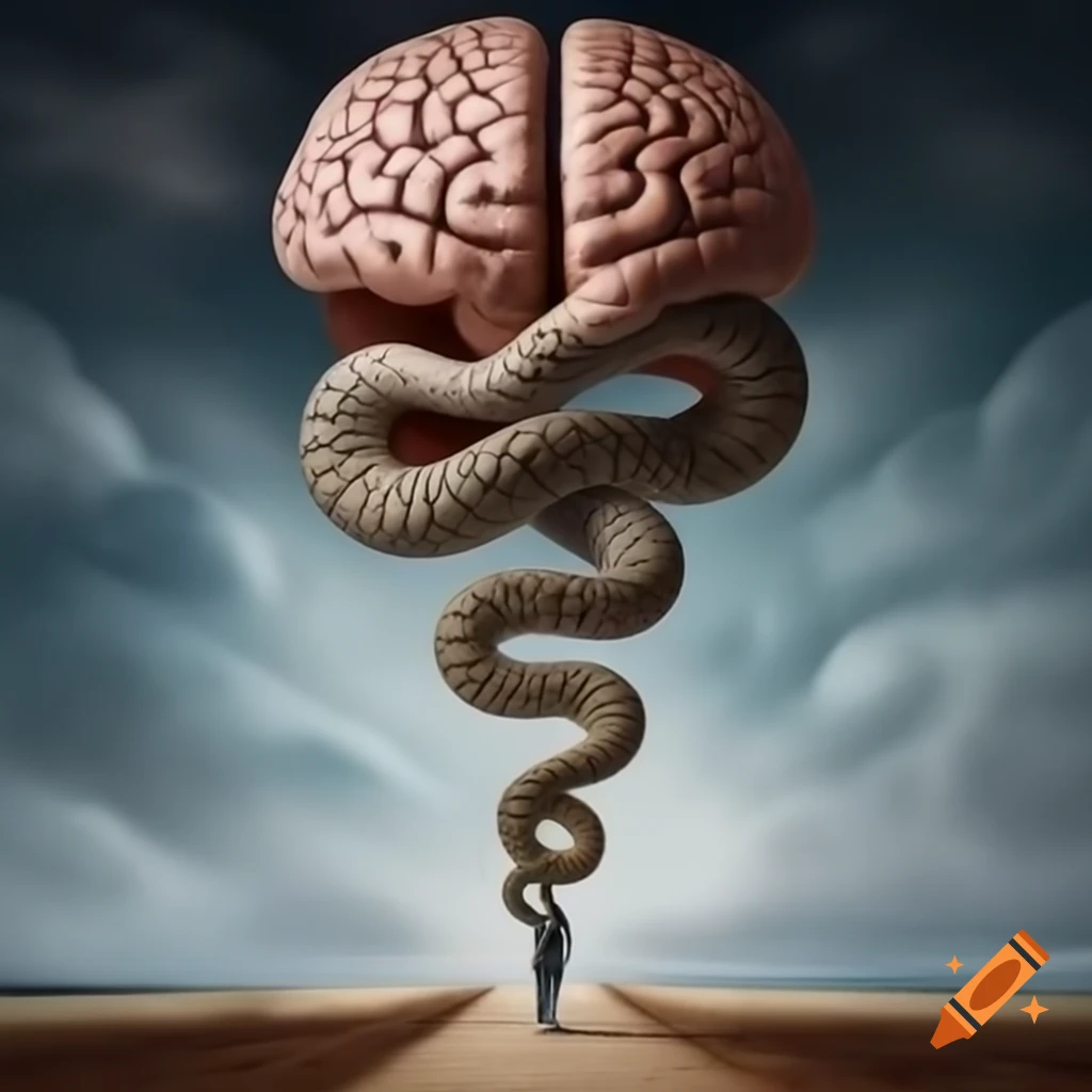 Surreal image of snake coiled around human brain symbolizing obsession ...
