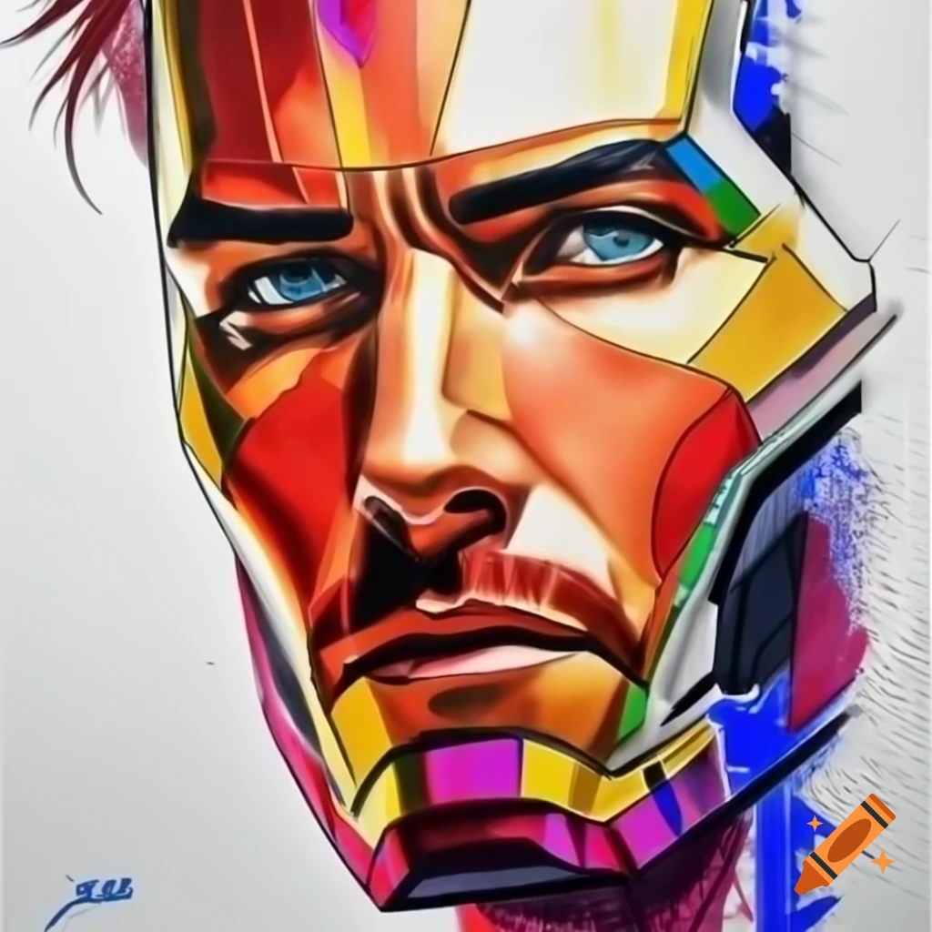 Vibrant sketch of Iron Man's formidable metallic face with striking ...
