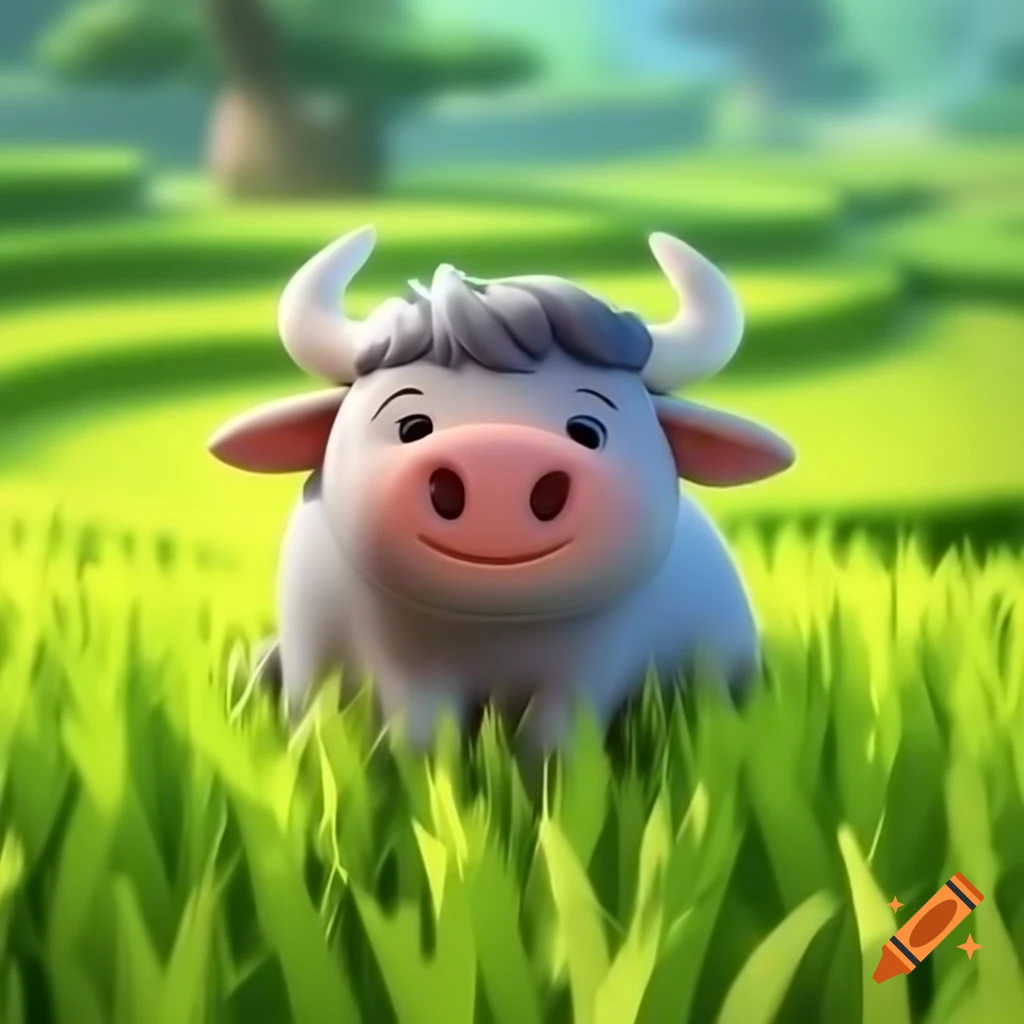 Cute cartoon carabao smiling in a lush green rice field on Craiyon