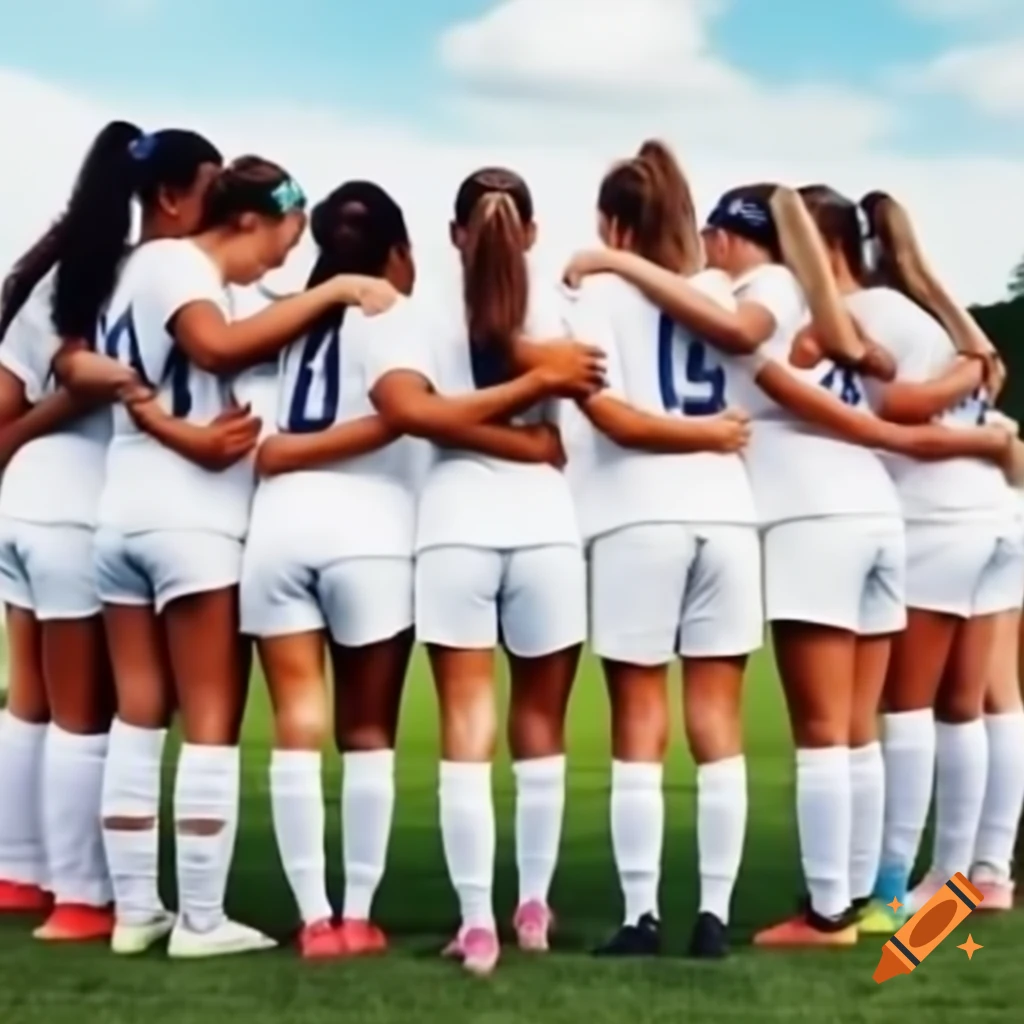 Soccer girls in a huddle, showcasing team spirit on Craiyon
