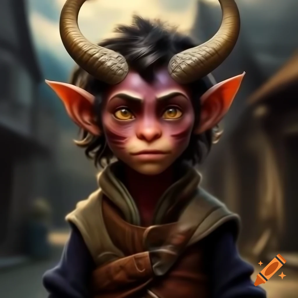 Evil-looking red-skinned tiefling boy with ram's horns in a town ...