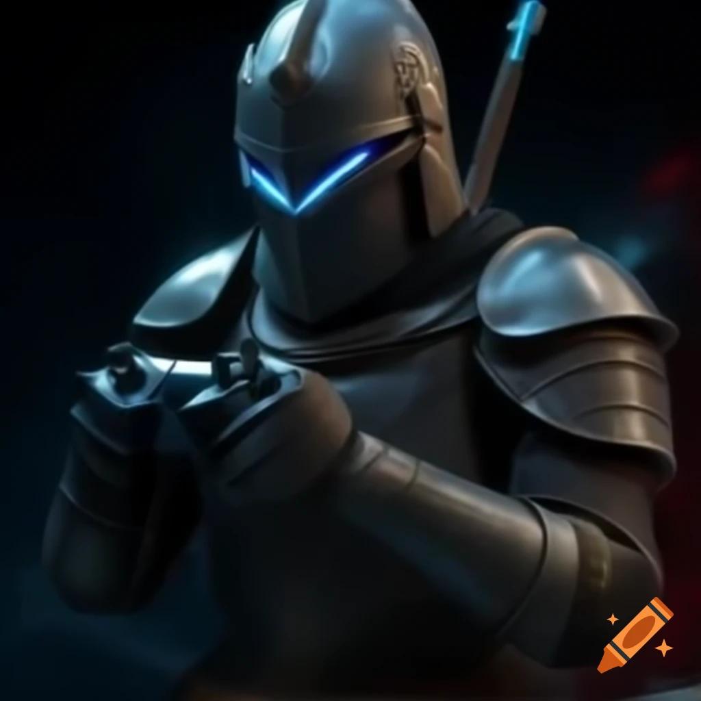 Knight in armor holding PlayStation 5 controller, blending medieval and ...