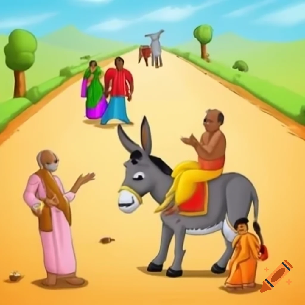 Humorous cartoon of Tenali Raman laughing with villagers in colorful ...