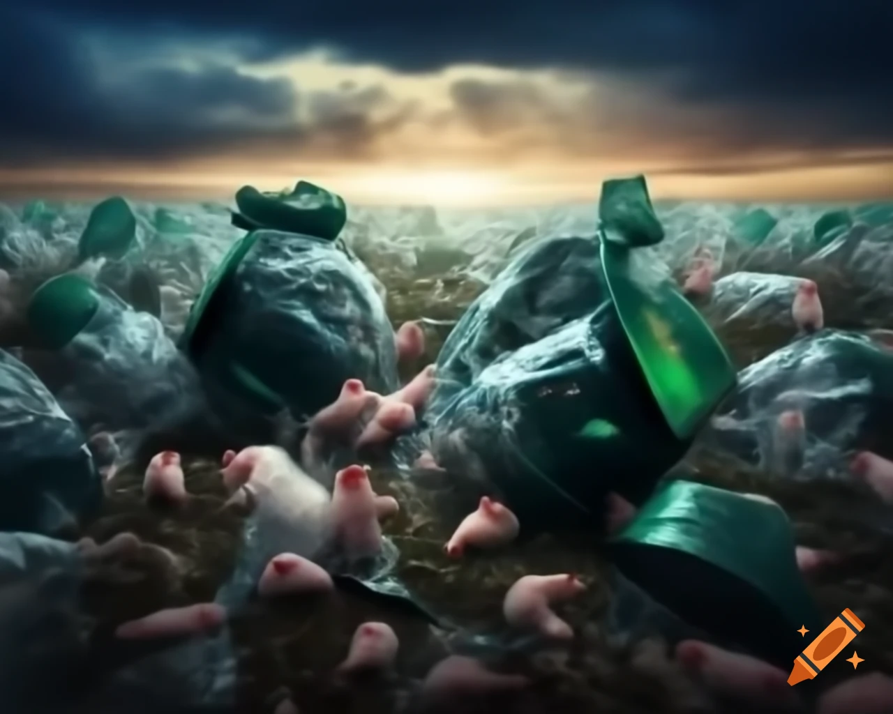 Wide-angle view of a massive garbage dump with rats under dramatic sky ...