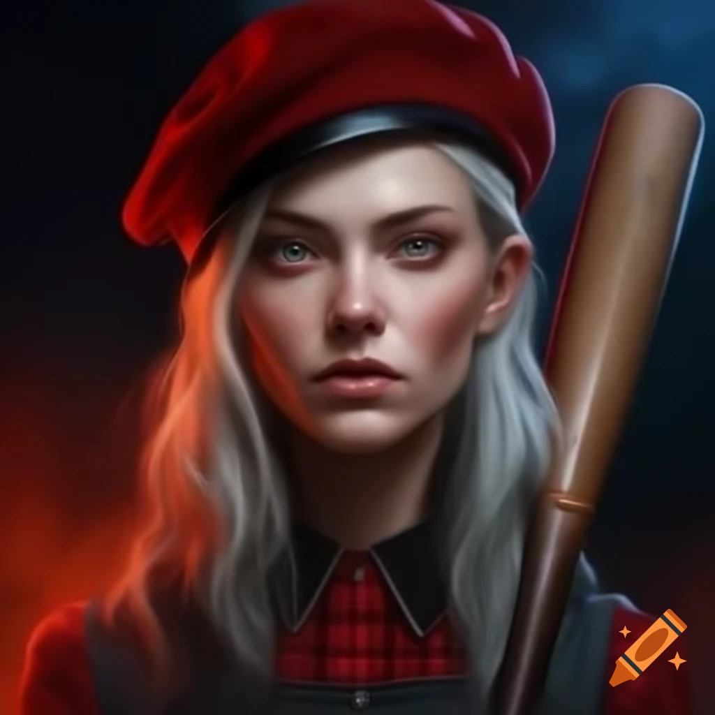 Realistic blonde woman in red beret and plaid dress with baseball bat ...
