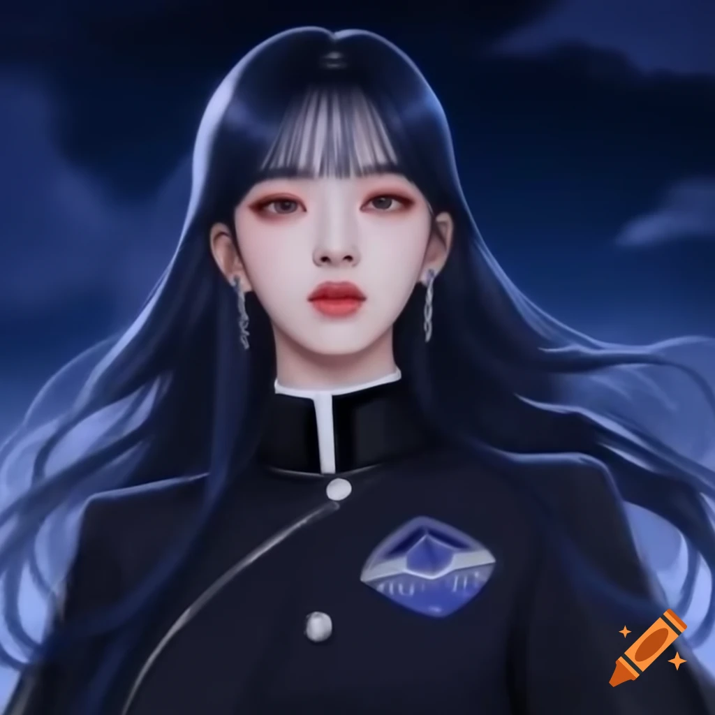 Hyperrealistic full-body portrait of Mina from TWICE in dark indigo ...
