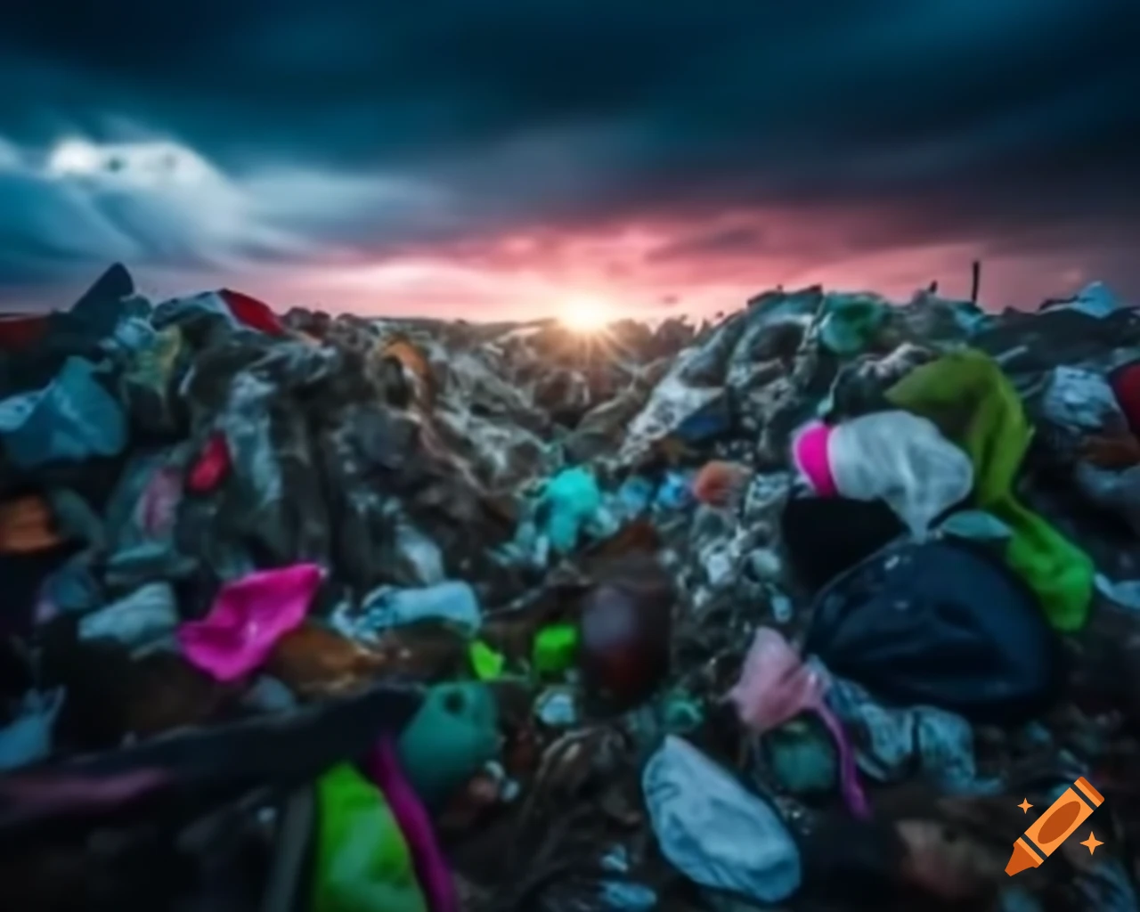 Wide-angle view of colorful garbage dump under dramatic sky on Craiyon