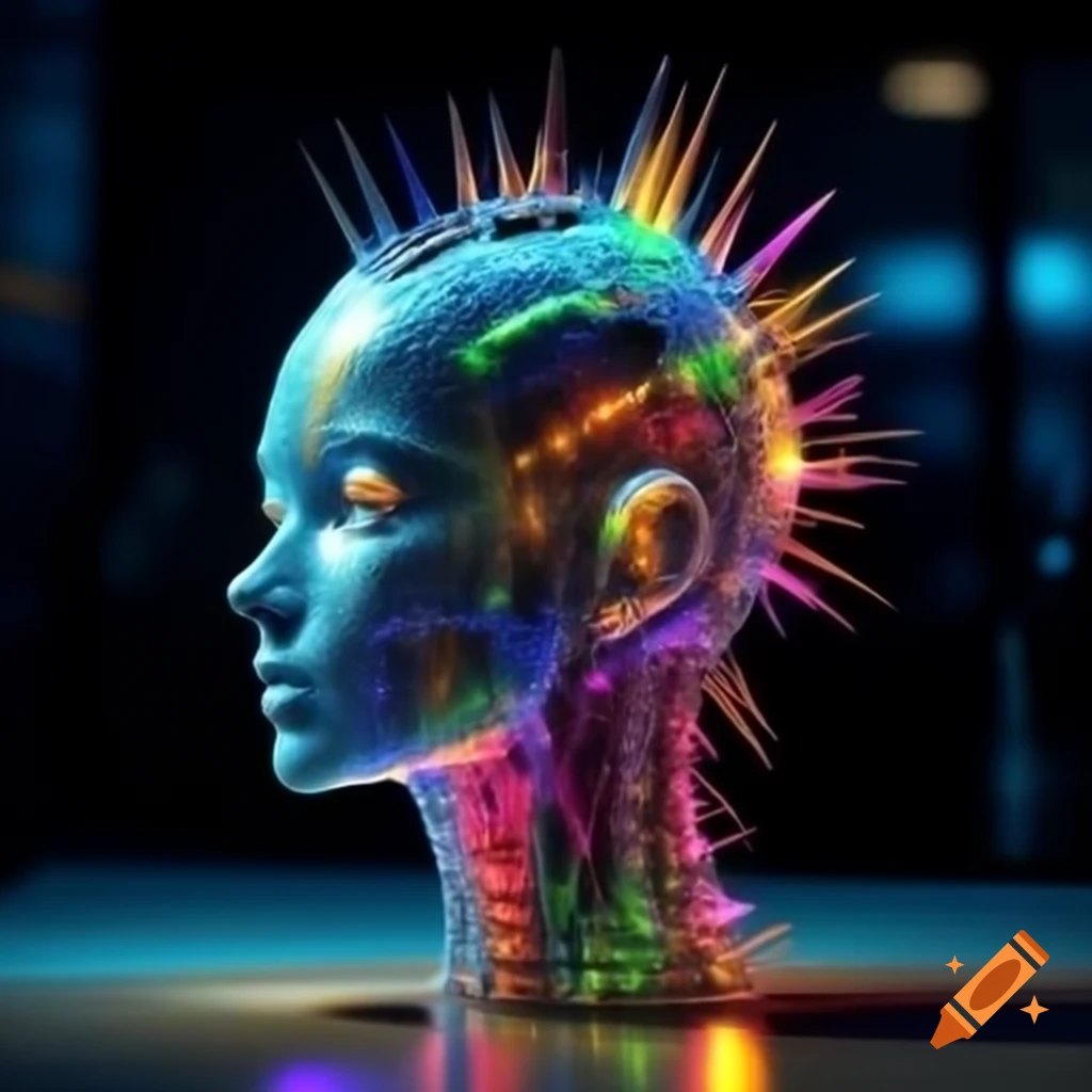 Hyper realistic human android head in colored ceramic glass with ...