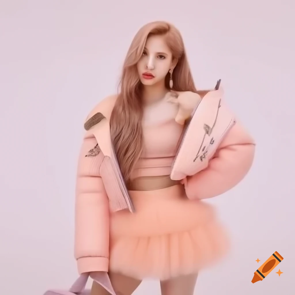 Nayeon from TWICE in fashion shoot wearing peach quilted jacket and tulle mini skirt on Craiyon