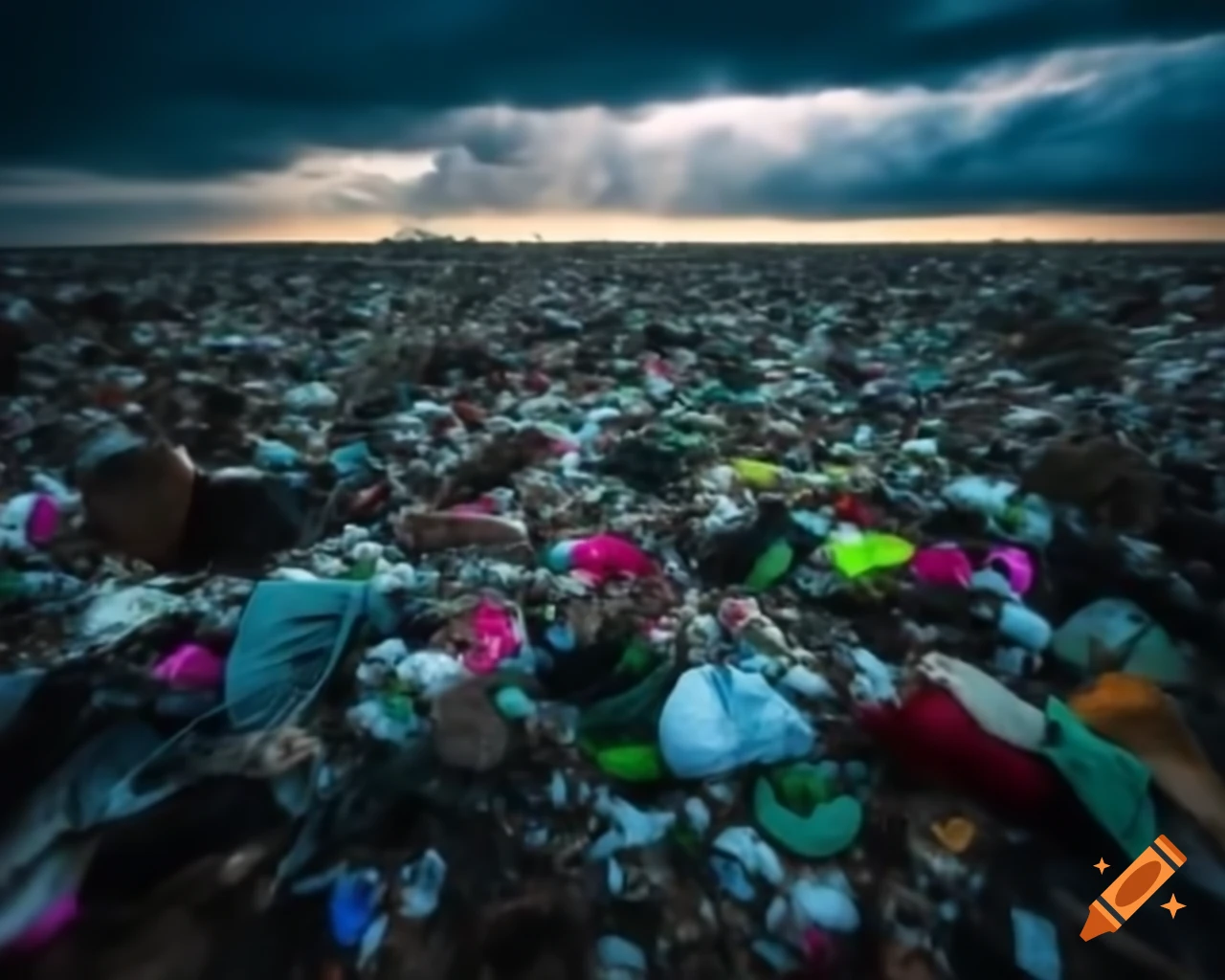 Wide-angle view of colorful garbage dump under dramatic sky on Craiyon