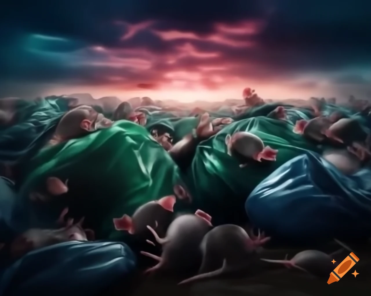 Wide-angle view of a large garbage dump with rats under dramatic sky on ...