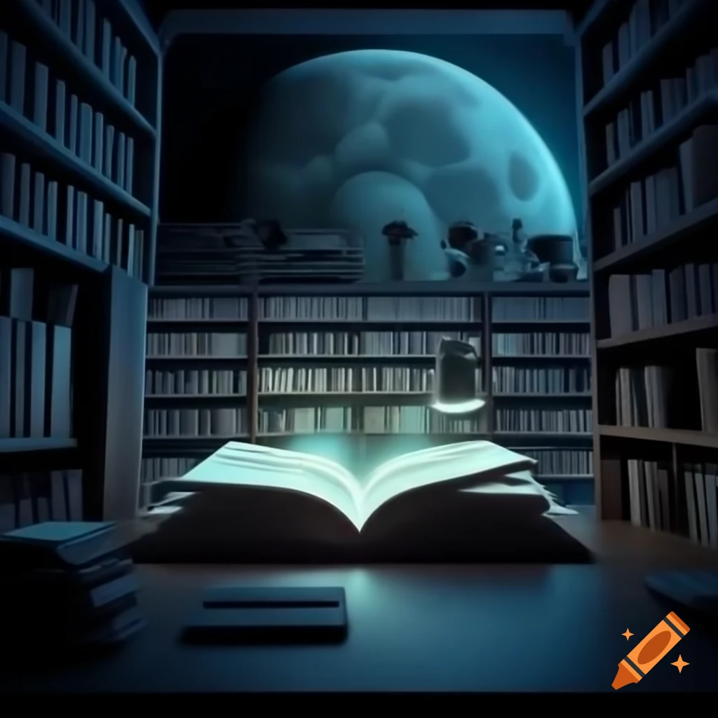 Futuristic library on the moon with glowing books on Craiyon