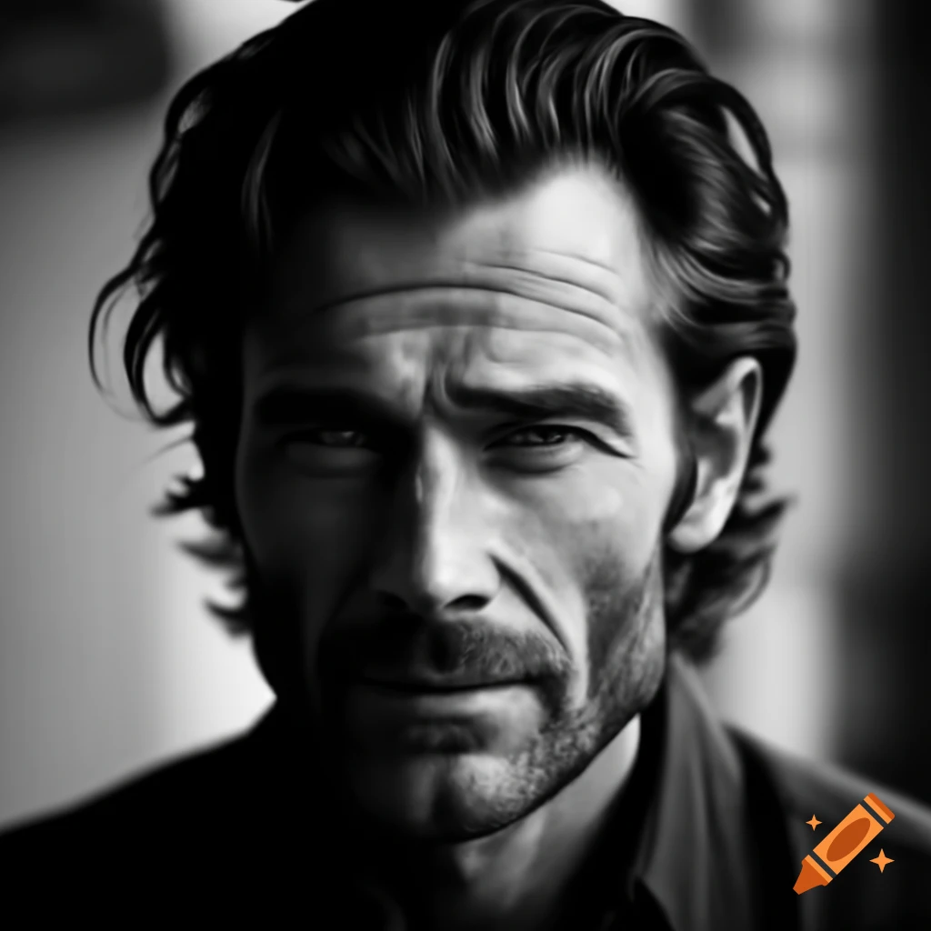 Black and white portrait of imaginary man with calm expression on Craiyon