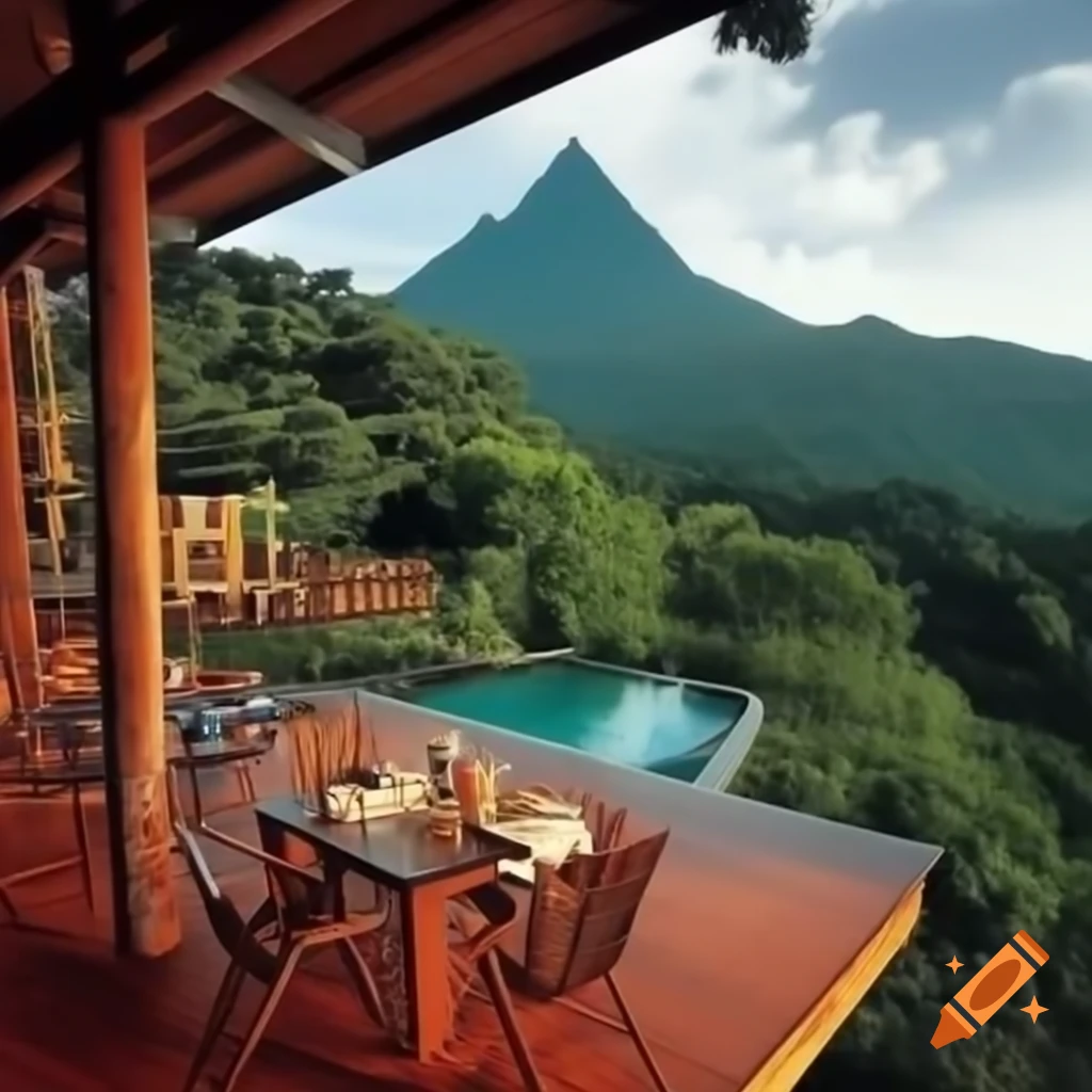 Mountain slope with lush greenery and infinity pool integrated into the ...